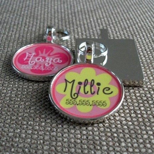 Pink Girly Flower Custom Silver Pet ID Tag - Posh Puppy Boutique